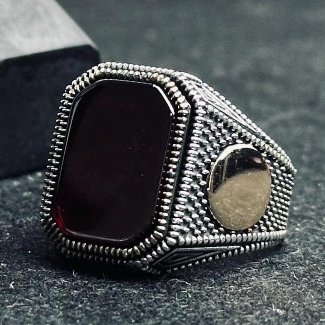 Red Aqeeq Square Ring for Men: Handmade 925 Sterling Silver Vintage ...
