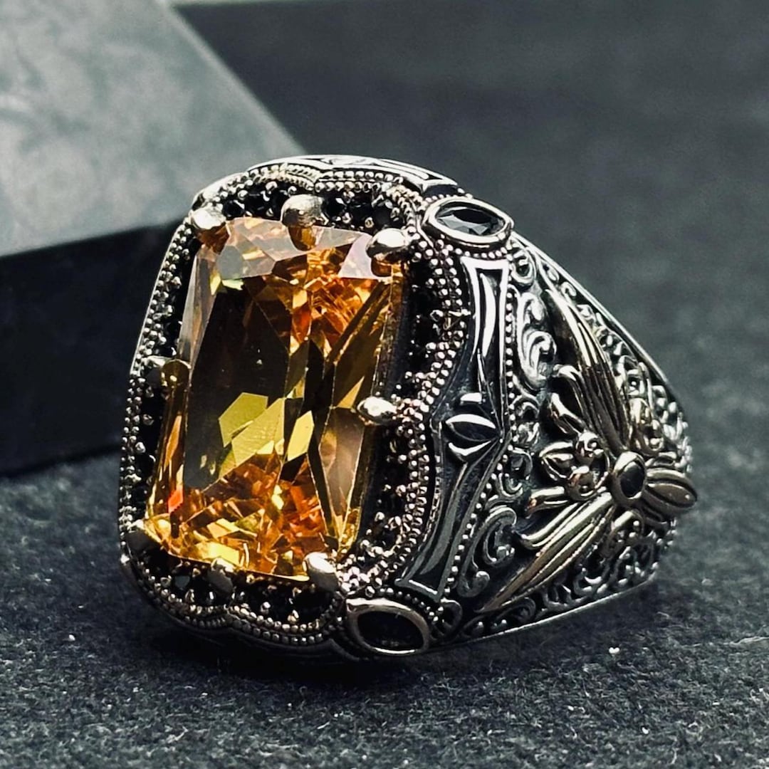 Men's Citrine Ring, Square Cut Stone, Sterling Silver (handmade) - Etsy
