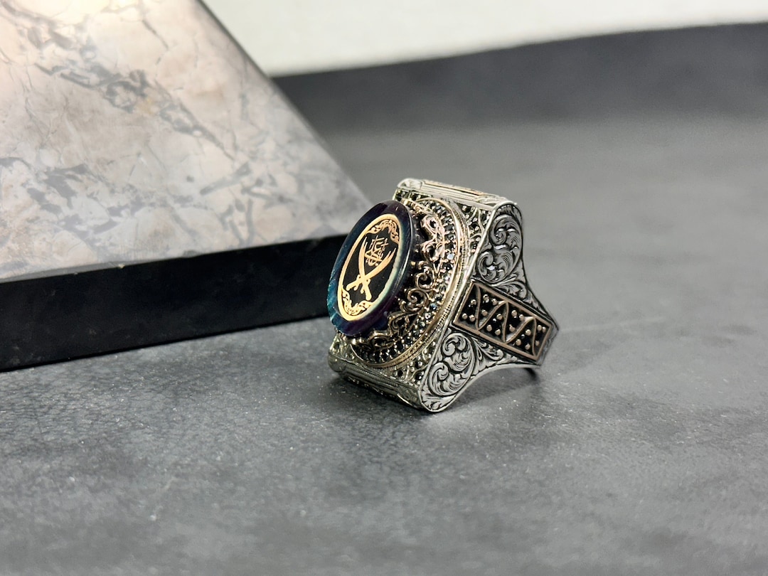 Oversized Blue Amber Zulfiqar Sign Ring,handmade Amber Ring,sterling ...