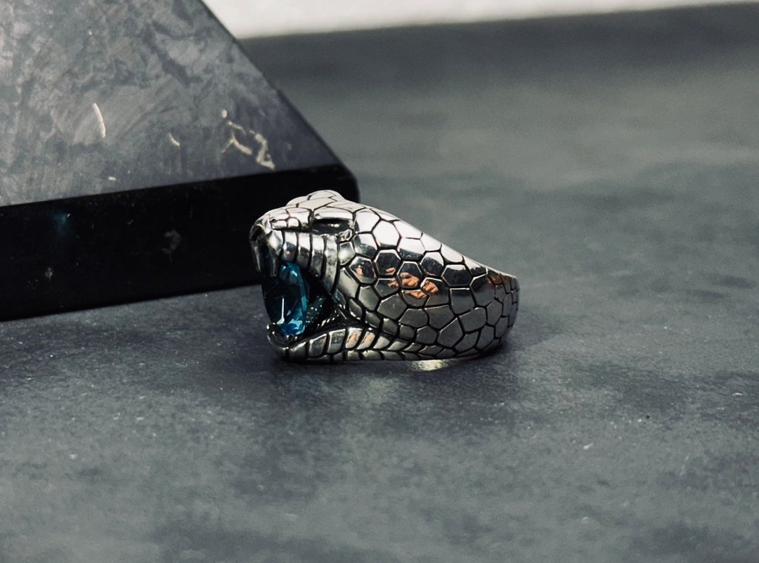 Snake Ring: Sterling Silver With Blue CZ Stone (engraved Style) - Etsy