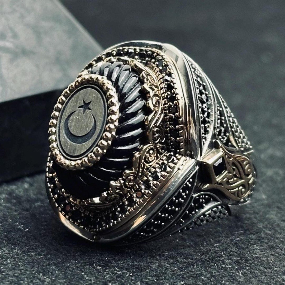 Handmade Sterling Silver Men's Ring: Turkish Moon Star Engraved Jewelry ...