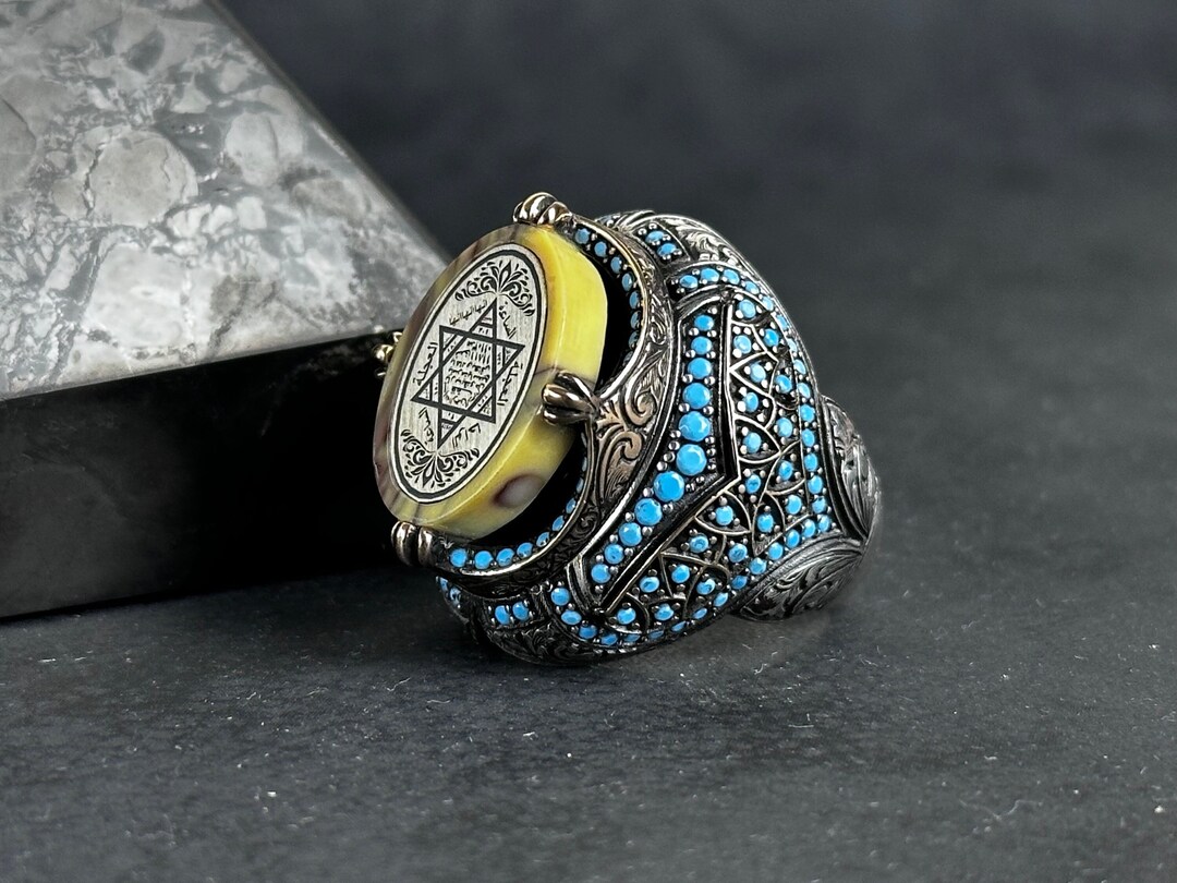 Kehribar Seal of Solomon Silver Ring 925k Sterling - Eye-catching Huge Gemstone - Spiritual ...