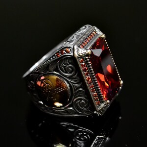 Ottoman Sign Zircon Red Square Men's 925k Sterling Silver Ring,ottoman ...