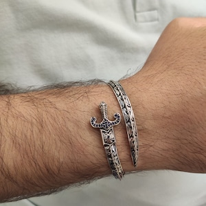 Silver Sword Bracelet With Blackstone,925 Sterling Silver Cuff With ...