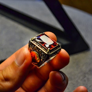 Ottoman Sign Zircon Red Square Men's 925k Sterling Silver Ring,ottoman ...