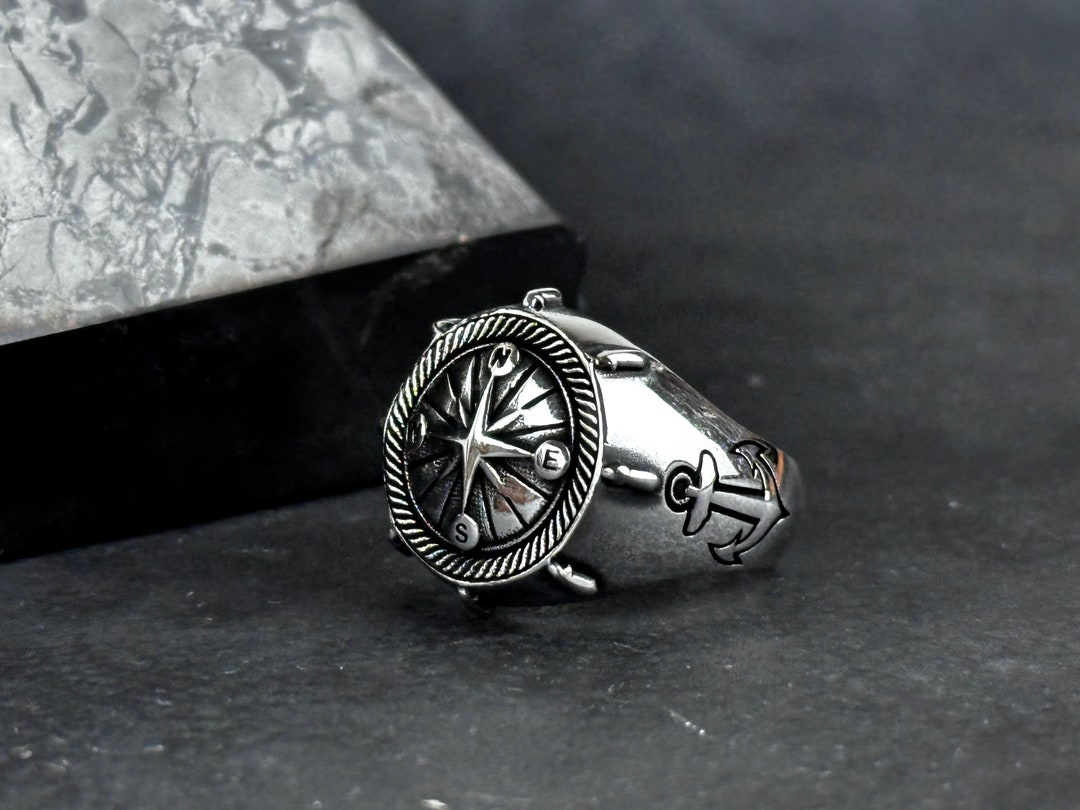 Sterling Silver Compass Ring: Sailor Design - Engraved Anchor Detail - Etsy