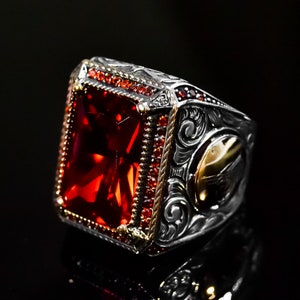 Ottoman Sign Zircon Red Square Men's 925k Sterling Silver Ring,ottoman ...