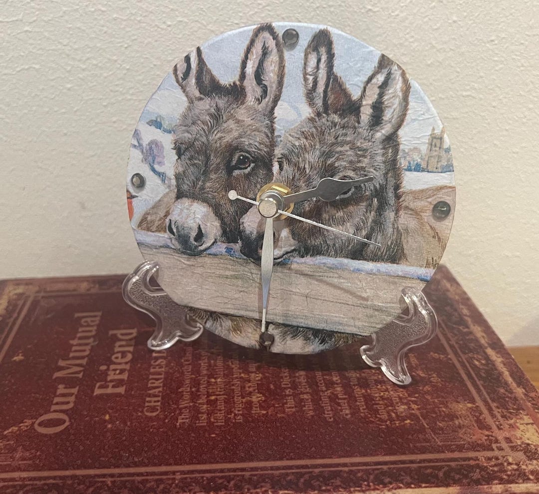Mini Desk Decoupage Donkeys 12cm Face Clock, Comes With Stand and ...