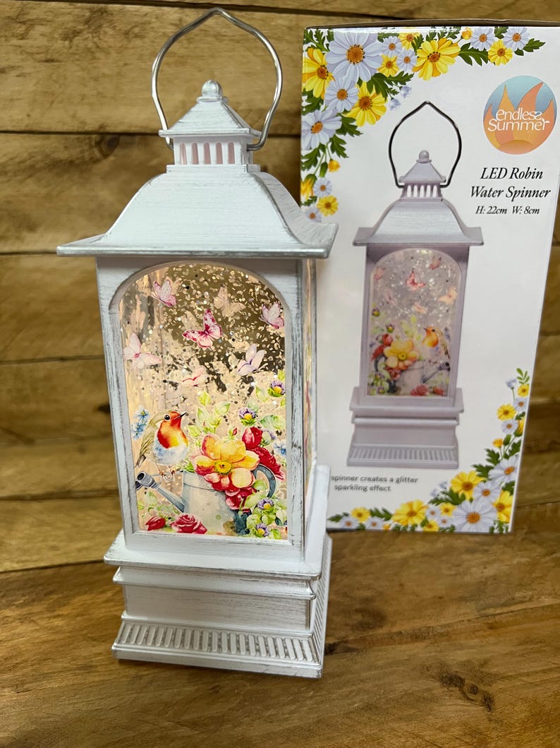 LED Water Spinner Lantern, Floral Robin Glitter Effect, Gift Boxed - Etsy