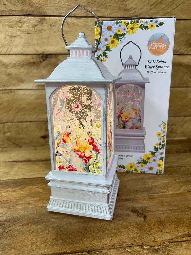 LED Water Spinner Lantern, Floral Robin Glitter Effect, Gift Boxed - Etsy