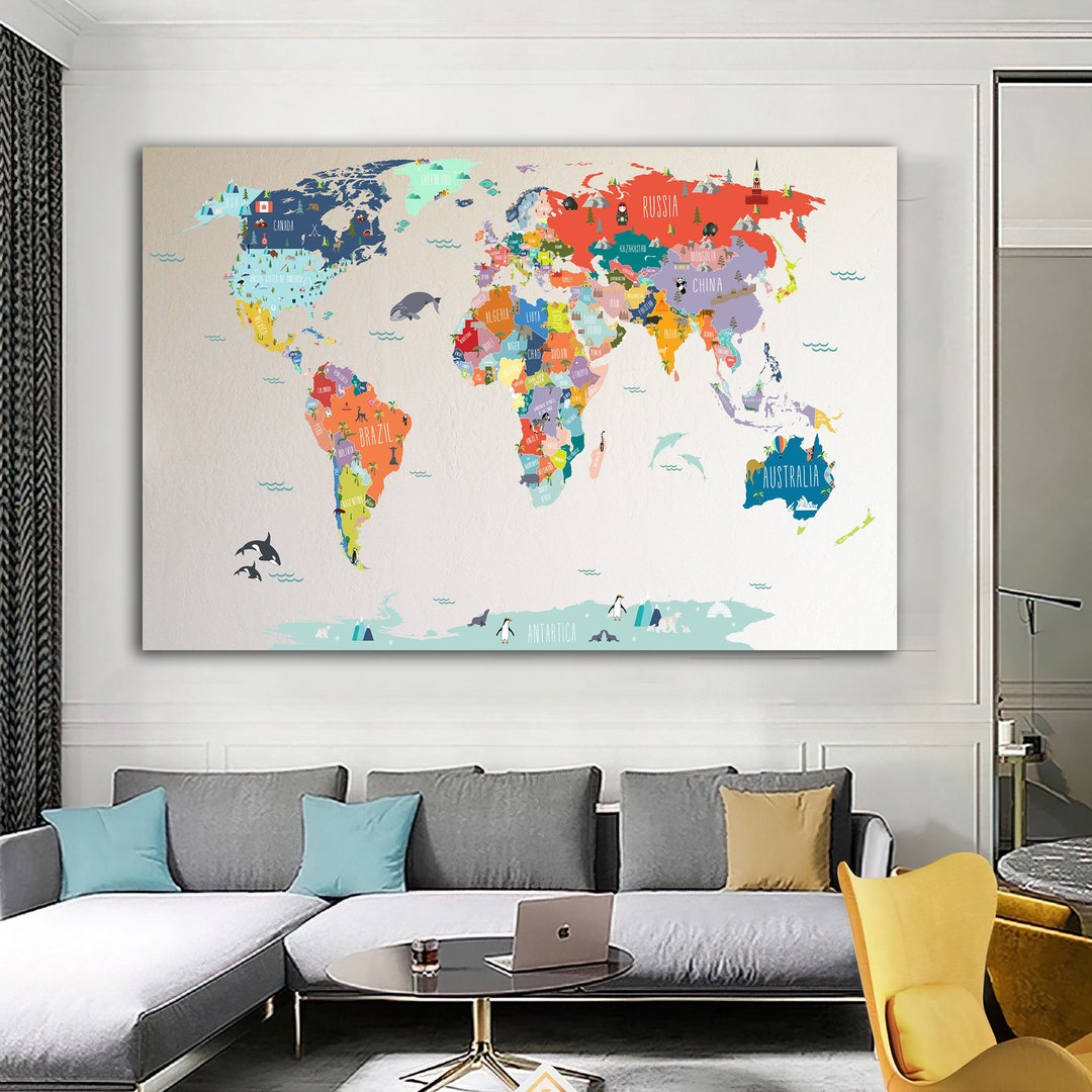 COLORFUL World Map Canvas Painting Map Wall Decor Countries - Etsy