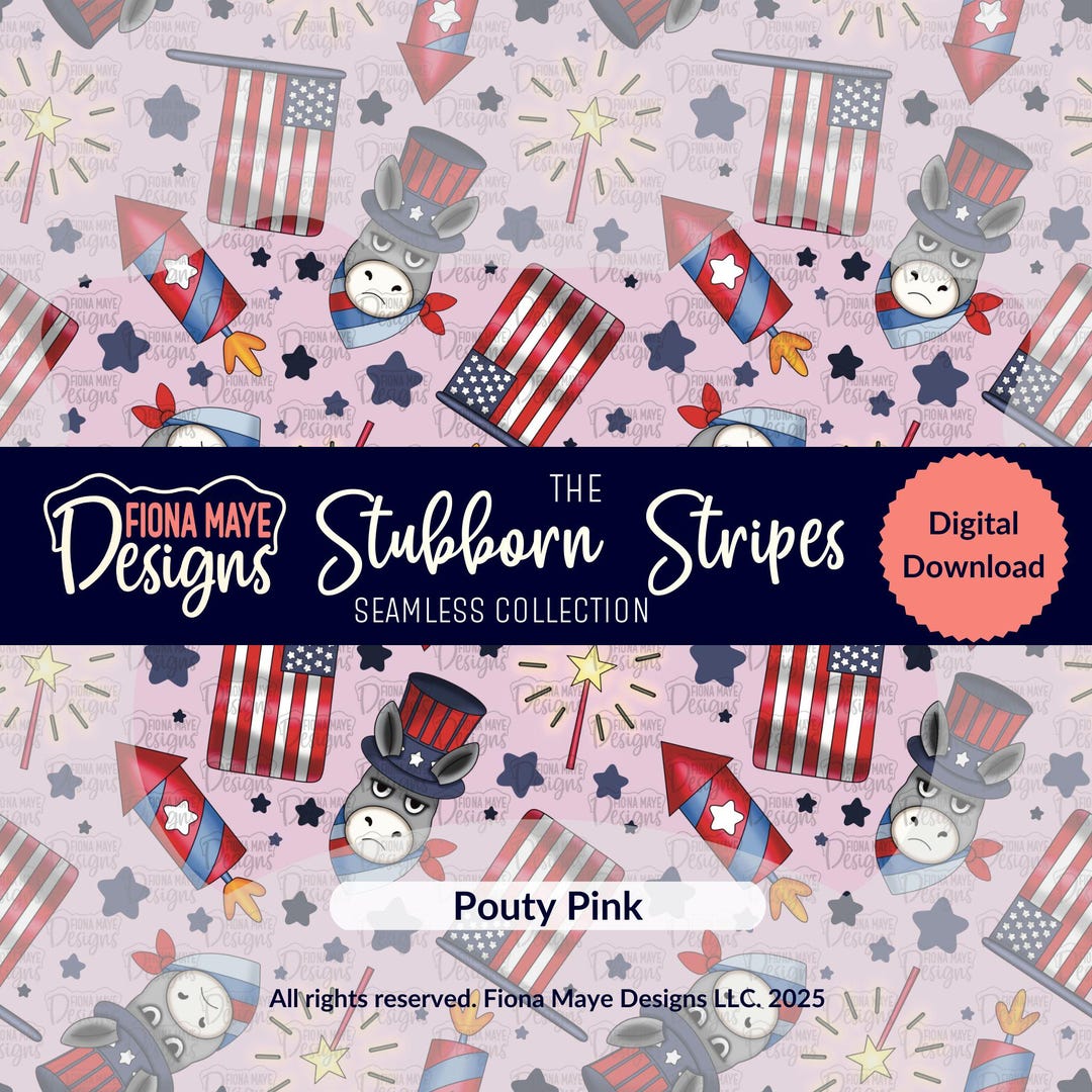Pink 4th of July Donkey Seamless Pattern: Grumpy Cartoon (PNG Digital ...