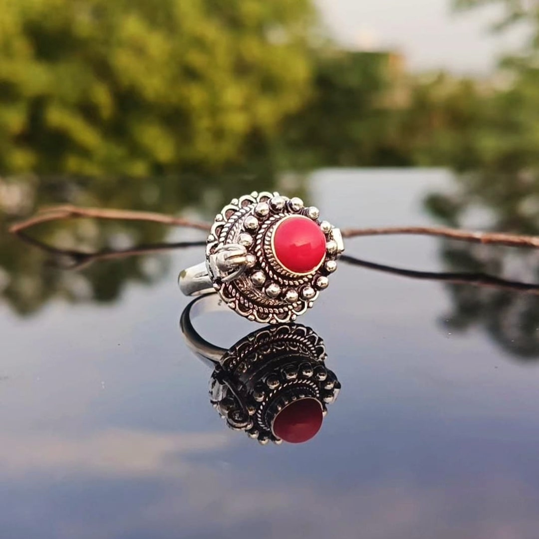 Red Coral Secret Compartment Box Ring, Handmade 925 Sterling Silver ...