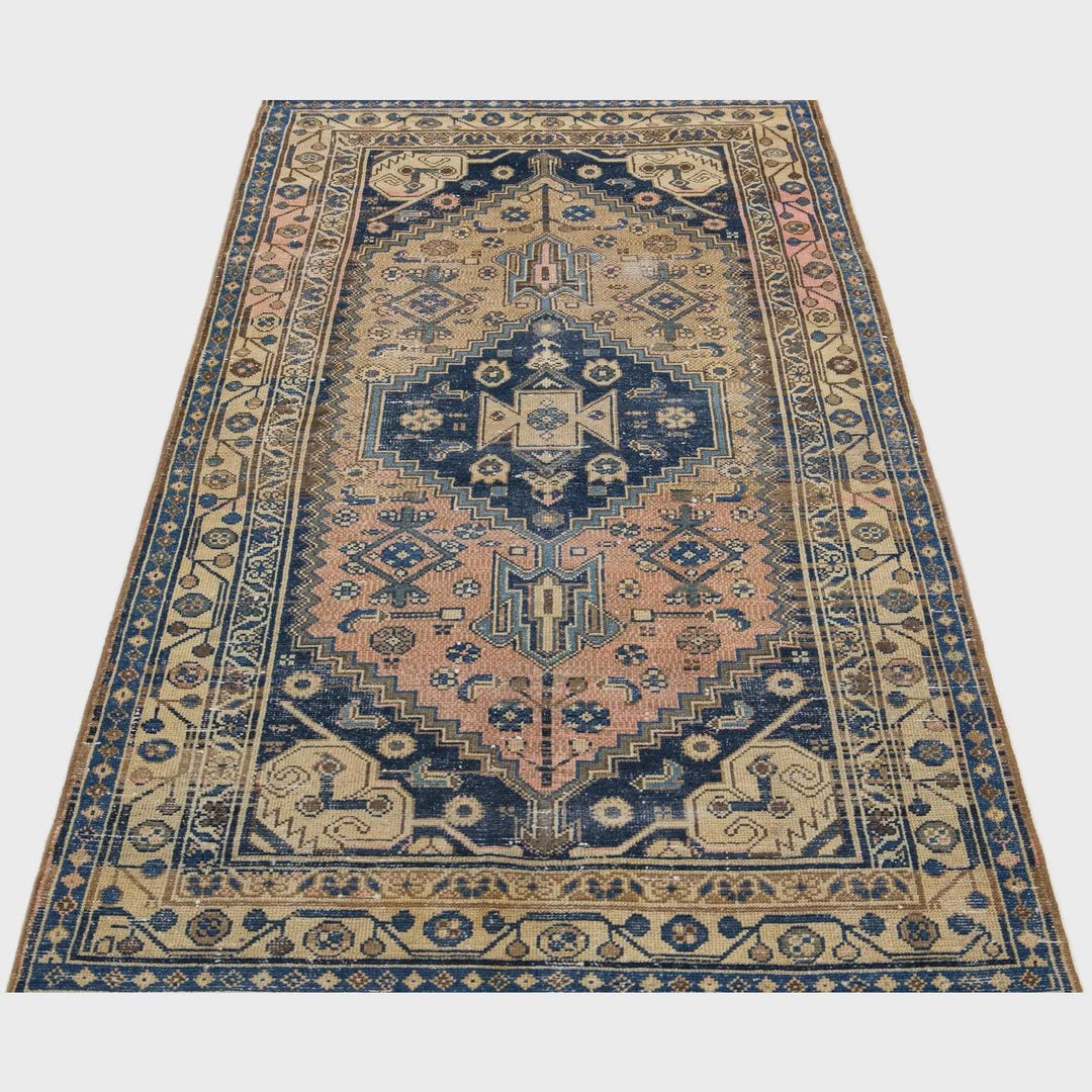 Vintage Persian Style Area Rug Beige Blue Oriental Decor Rug - Vintage ...