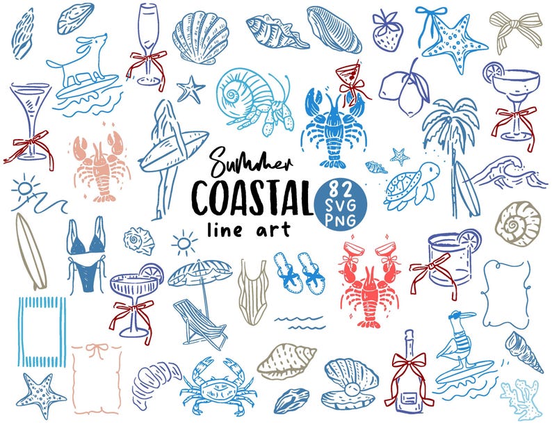 Summer Png, Coastal Clipart Bundle, Hand-drawn Beach Ocean Elements ...