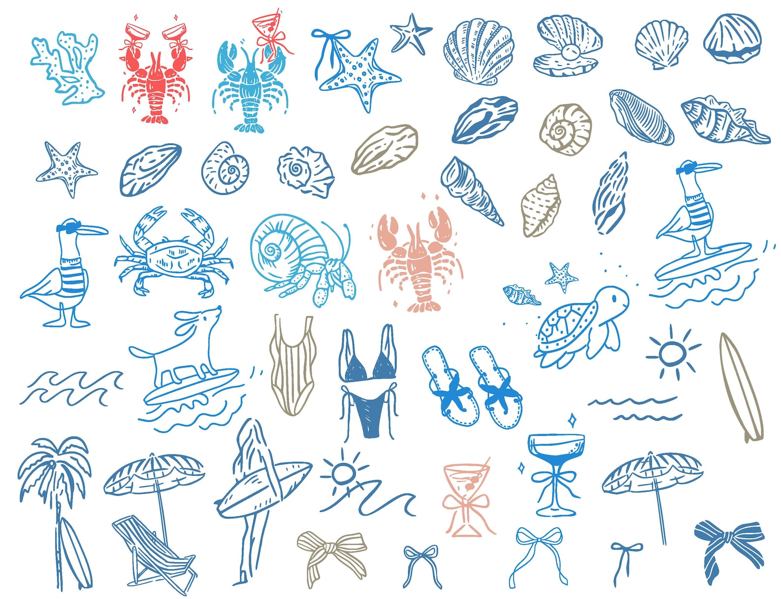 Summer Png, Coastal Clipart Bundle, Hand-drawn Beach Ocean Elements ...