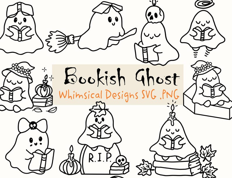 Bookish Ghost SVG Set, Cute Ghost Reading PNG, Cozy Bookish Design ...