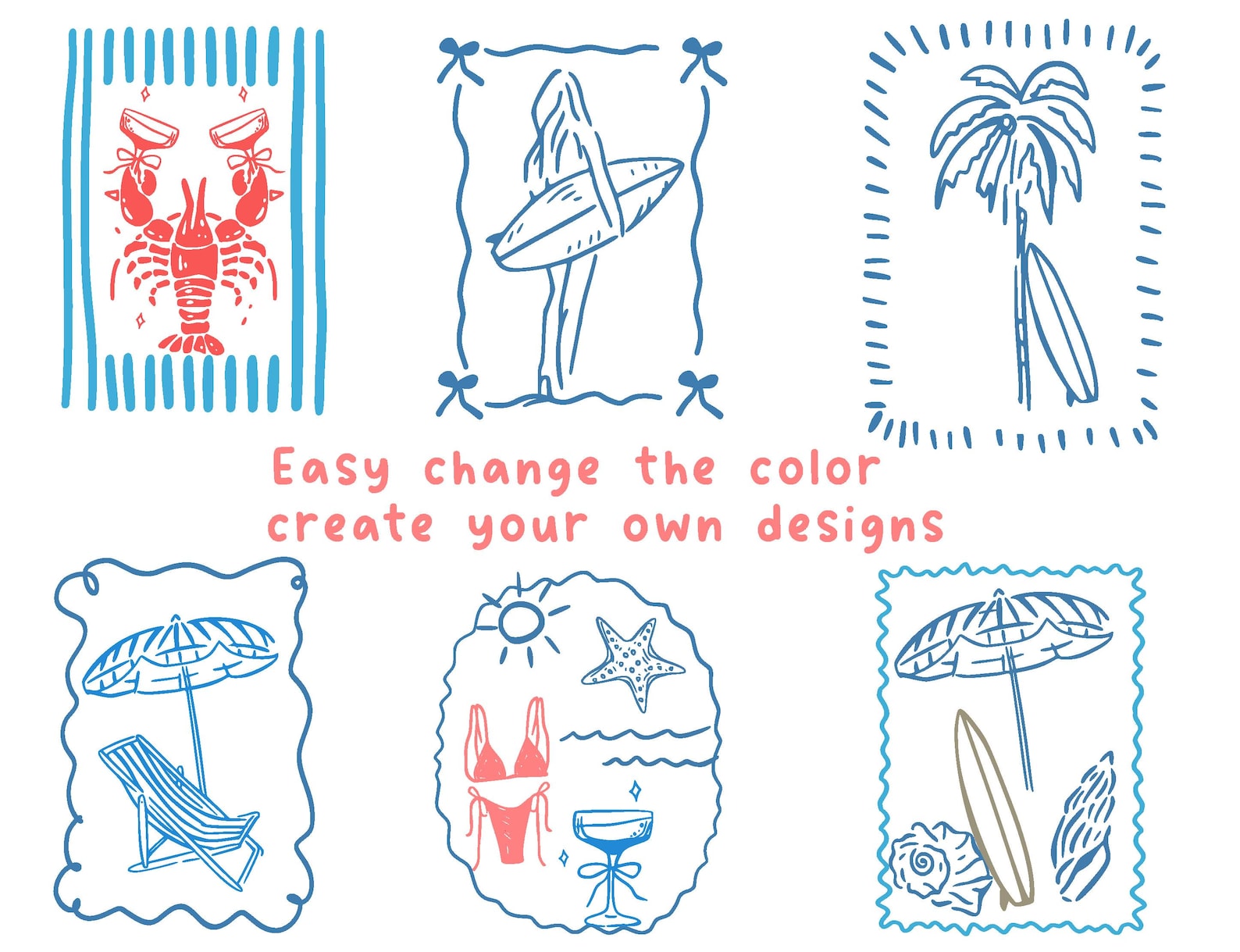 Summer Png, Coastal Clipart Bundle, Hand-drawn Beach Ocean Elements ...