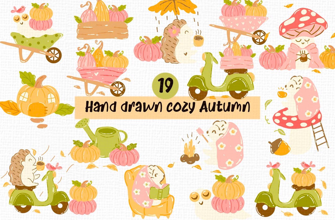 Cozy Autumn Clipart Set PNG, Groovy Retro Autumn Clipart, Cozy Cottage ...
