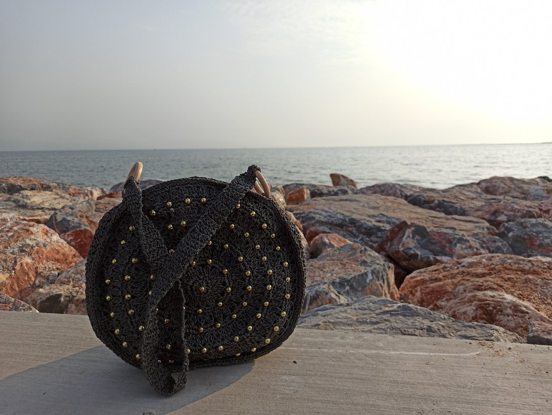 Gray Color Paper Rope Bag Portable Circular Straw Rope Bag Natural ...