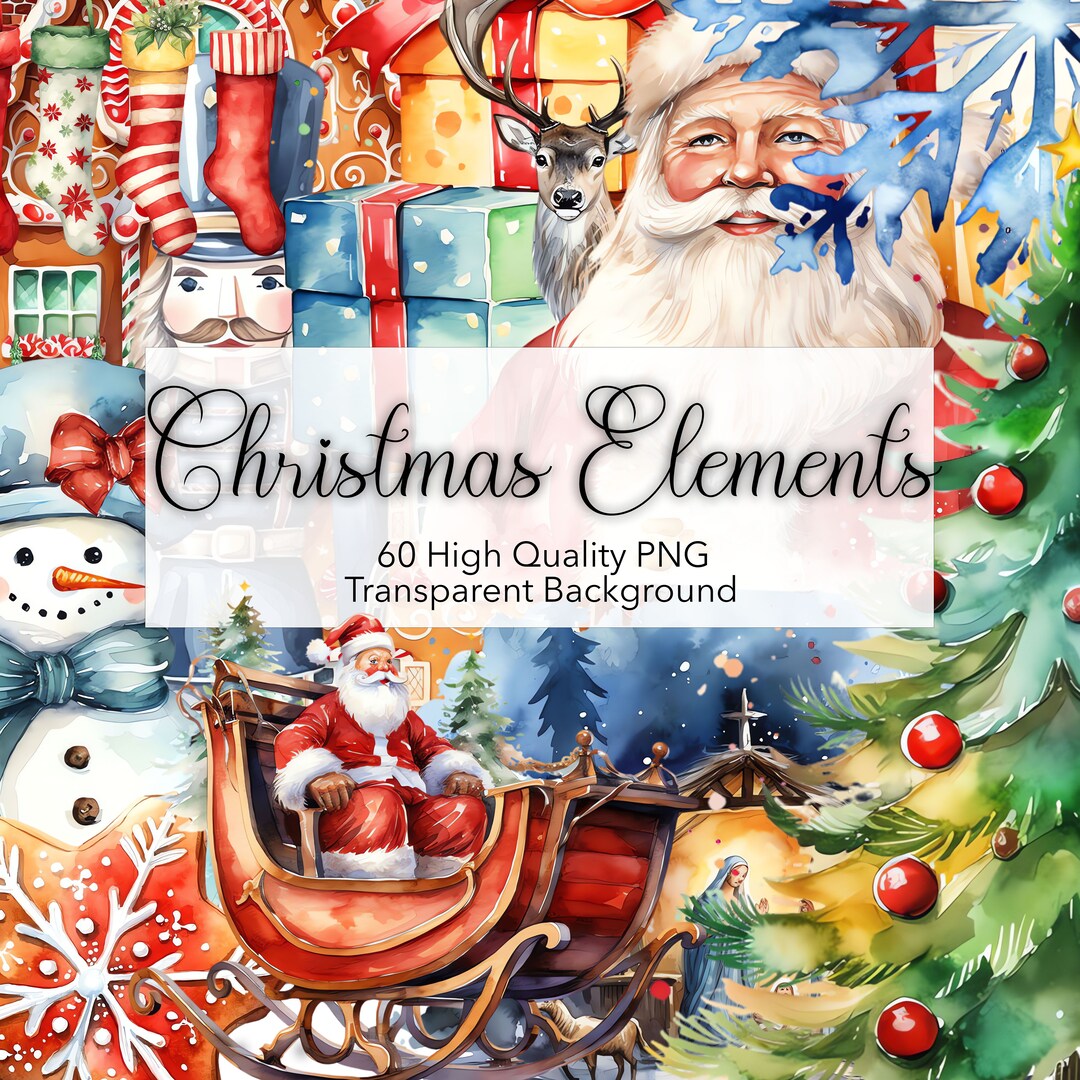 Christmas Elements Clipart Bundle, 60 PNG Transparent Background ...