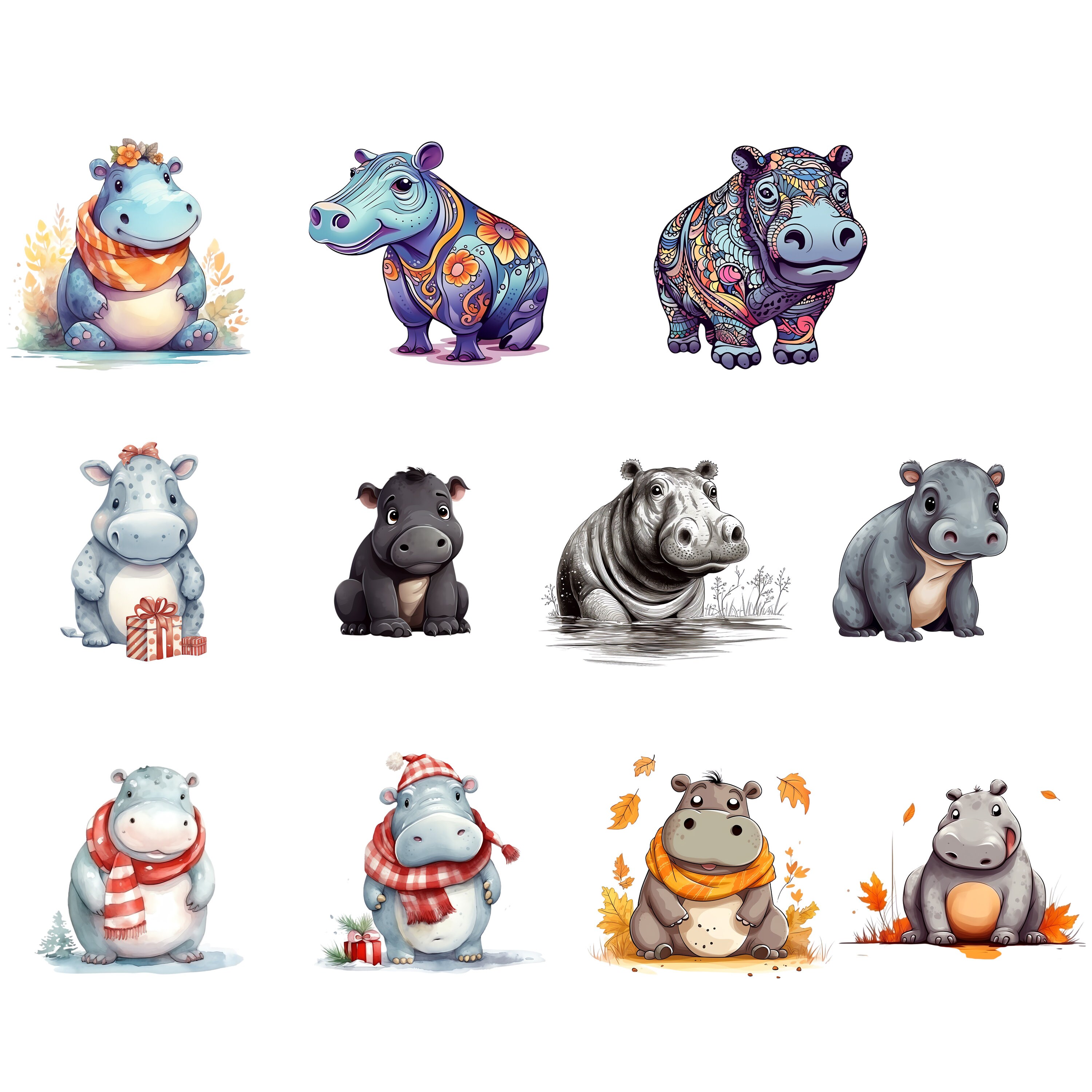 Cute Hippopotamus Clipart Bundle, 60 PNG Transparent Bg, Digital ...