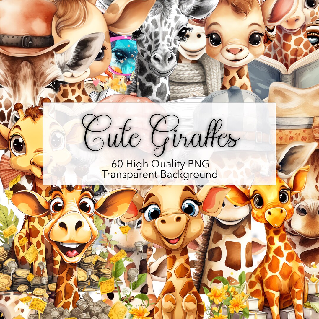 Cute Giraffes Clipart Bundle, 60 PNG Transparent Background, Digital ...