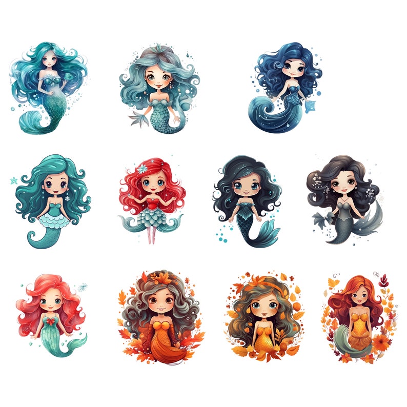 Cute Mermaids Clipart Bundle, 60 PNG Transparent Background, Digital ...