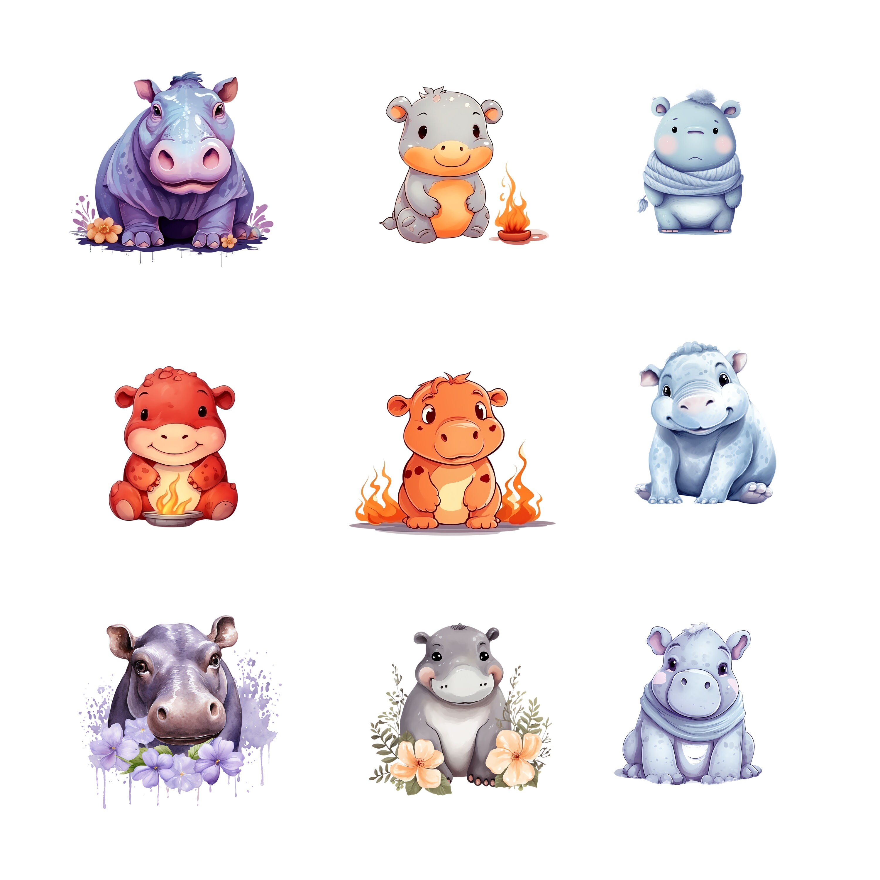 Cute Hippopotamus Clipart Bundle, 60 PNG Transparent Bg, Digital ...