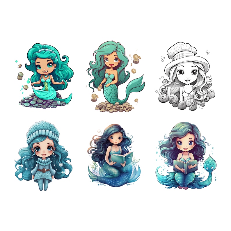 Cute Mermaids Clipart Bundle, 60 PNG Transparent Background, Digital ...