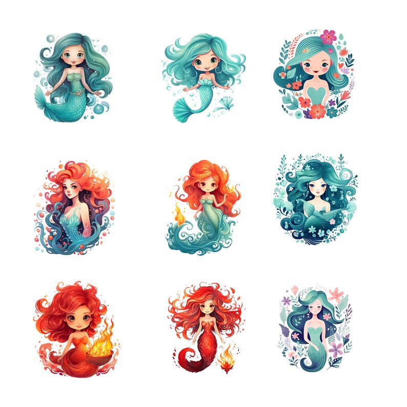 Cute Mermaids Clipart Bundle, 60 PNG Transparent Background, Digital ...