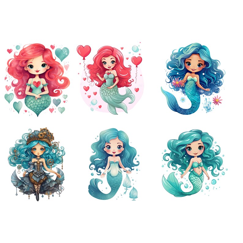 Cute Mermaids Clipart Bundle, 60 PNG Transparent Background, Digital ...