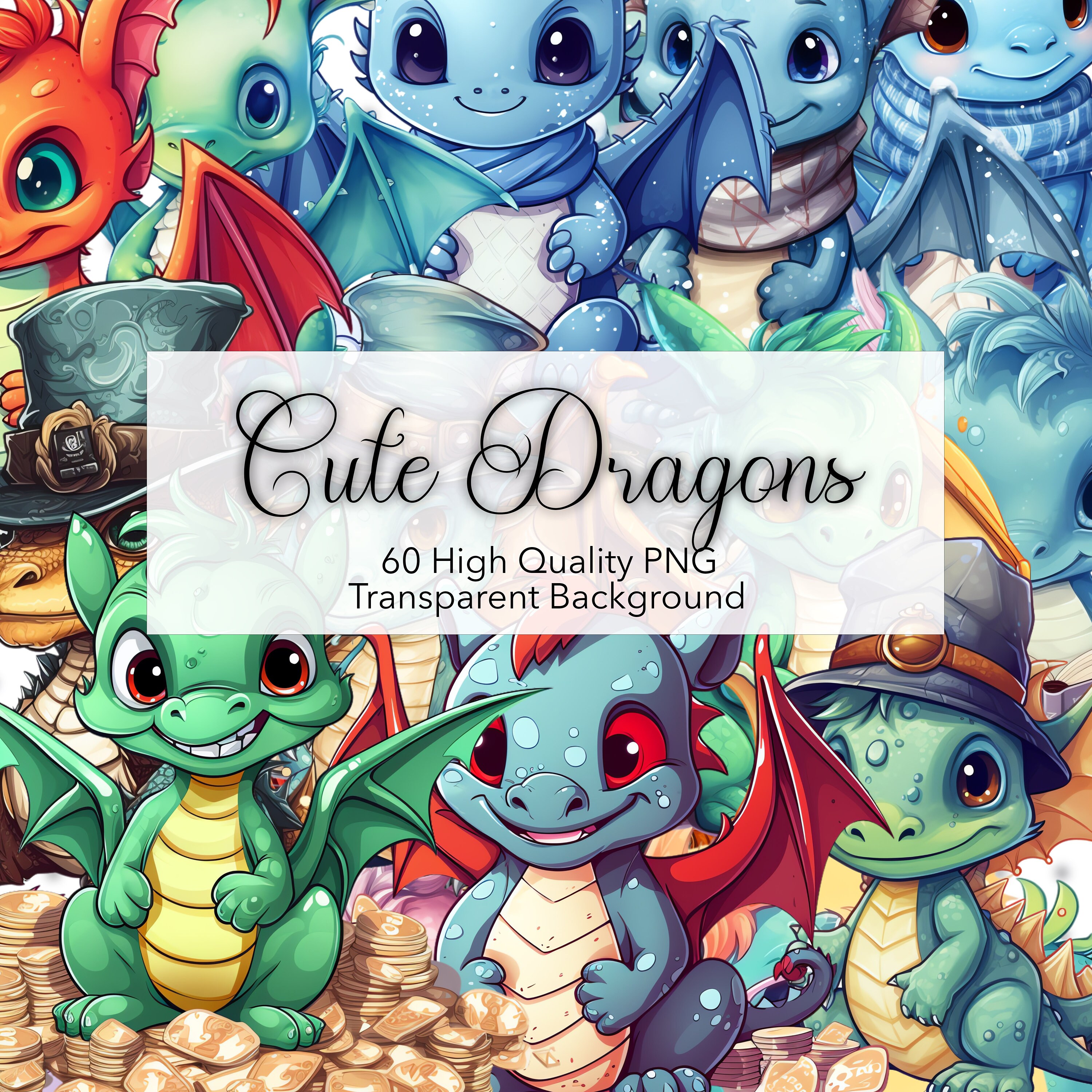 Cute Dragons Clipart Bundle 60 PNG Transparent Background - Etsy