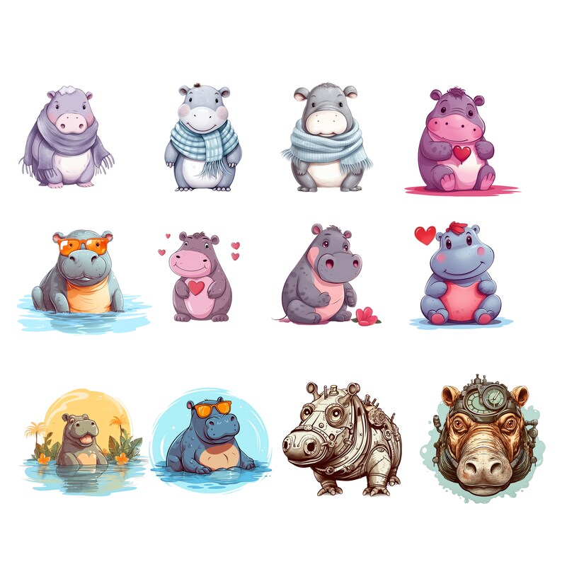 Cute Hippopotamus Clipart Bundle, 60 PNG Transparent Bg, Digital ...
