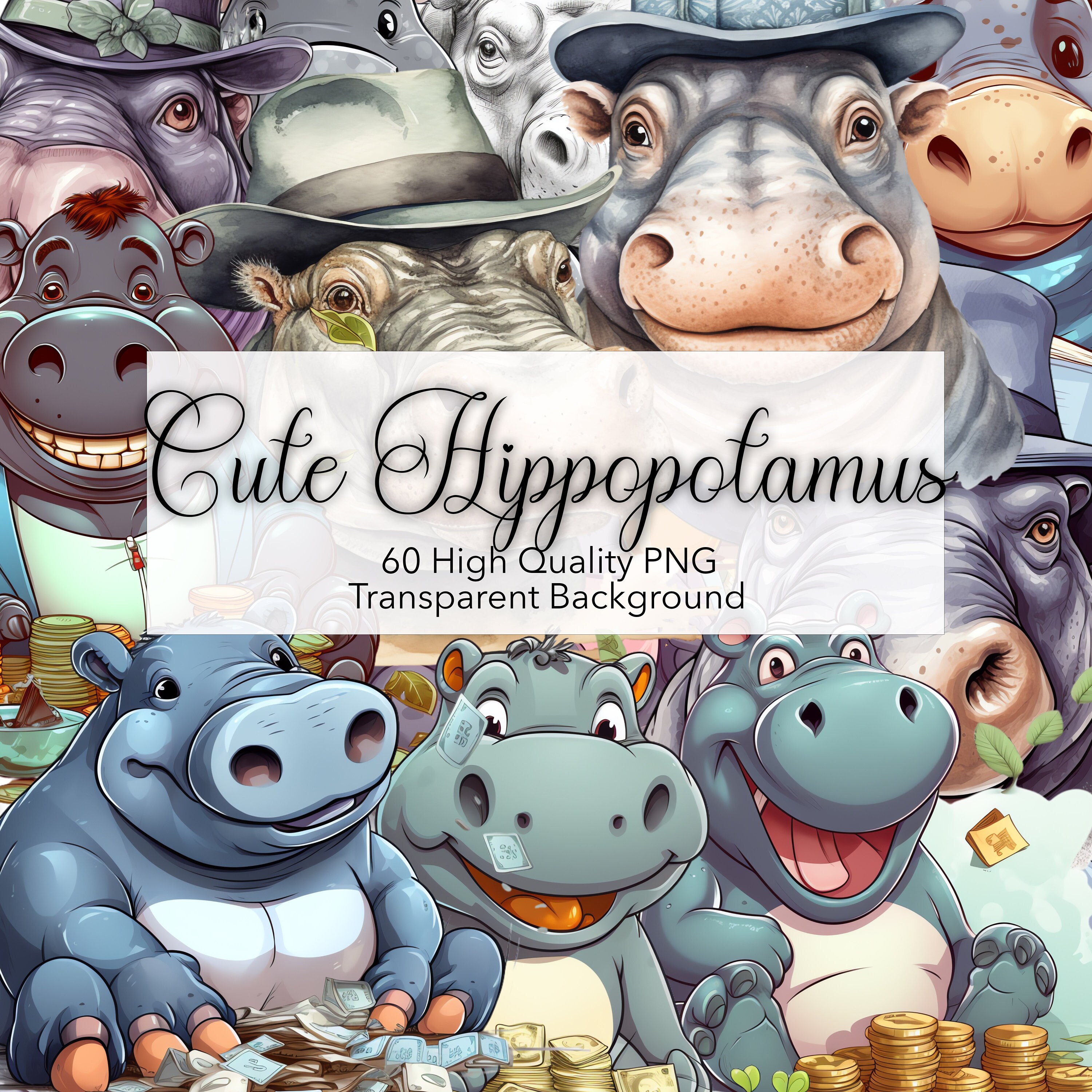 Cute Hippopotamus Clipart Bundle, 60 PNG Transparent Bg, Digital ...