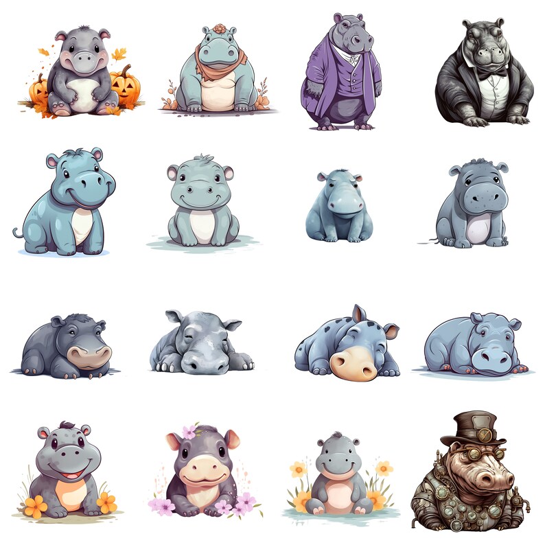 Cute Hippopotamus Clipart Bundle, 60 PNG Transparent Bg, Digital ...