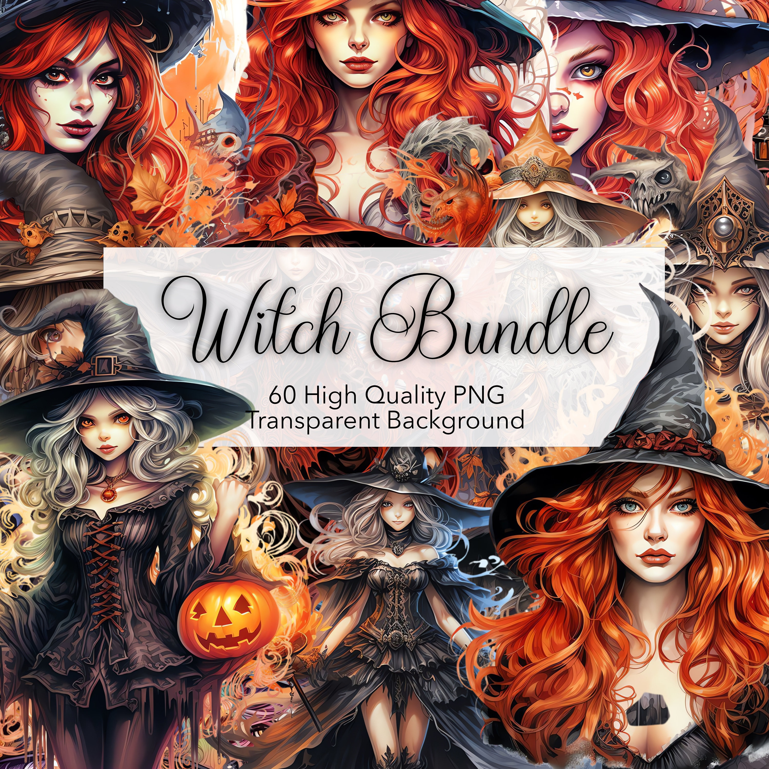 Witch Bundle Clipart Bundle, 60 PNG Transparent Background, Digital ...