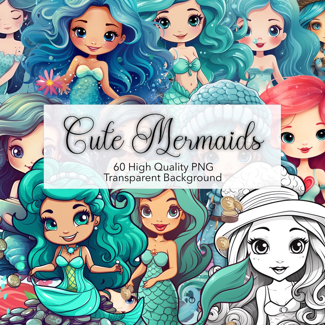 Cute Mermaids Clipart Bundle, 60 PNG Transparent Background, Digital ...