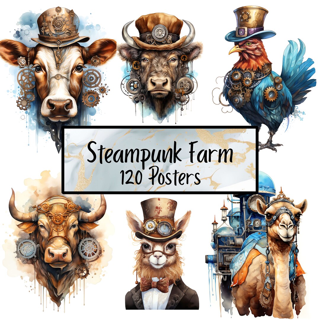 Steampunk Farm Animals Poster Set of 120 Watercolor Painting - Etsy