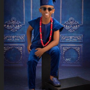 Native Attire for Boy Child. Velvet Three Pieces Agbada. Blue African ...