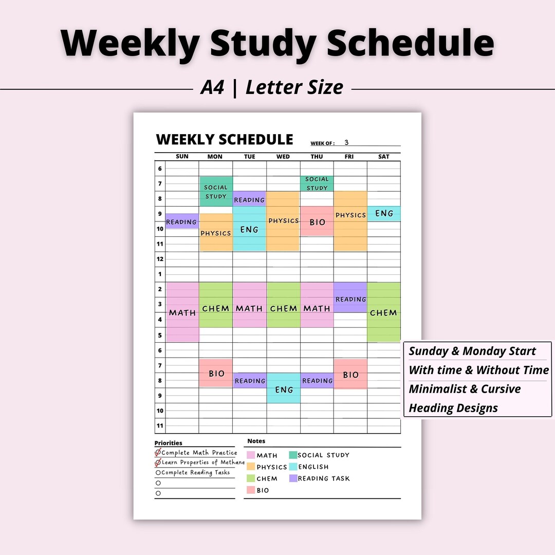 Printable Weekly Study Schedule, Weekly Study Planner, Student Planner ...