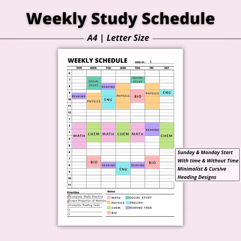 Printable Weekly Study Schedule, Weekly Study Planner, Student Planner ...