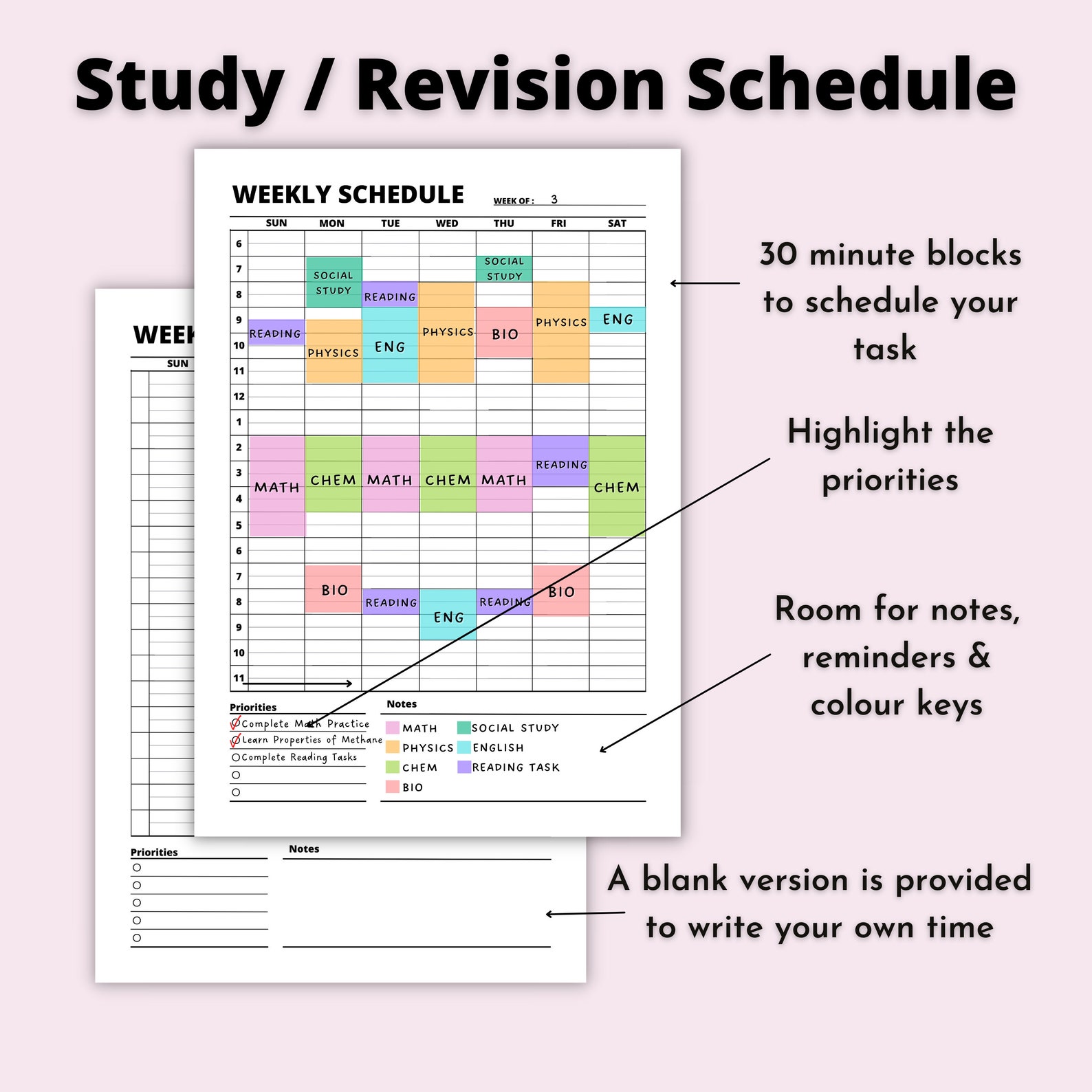 Printable Weekly Study Schedule, Weekly Study Planner, Student Planner ...