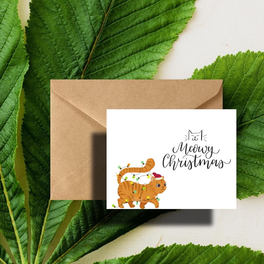 Christmas Note Card Orange Cat Theme Meow Christmas Card Cute Kitty ...