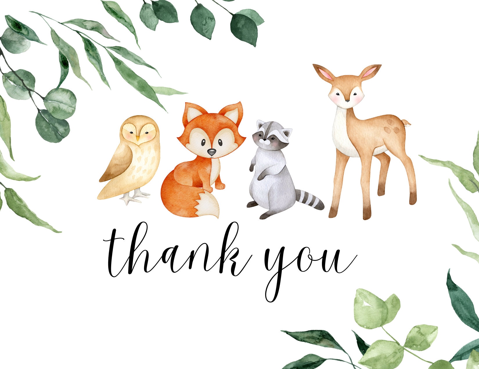 Woodland Animals Thank You Cards Greenery Baby Shower Thank You Cards ...