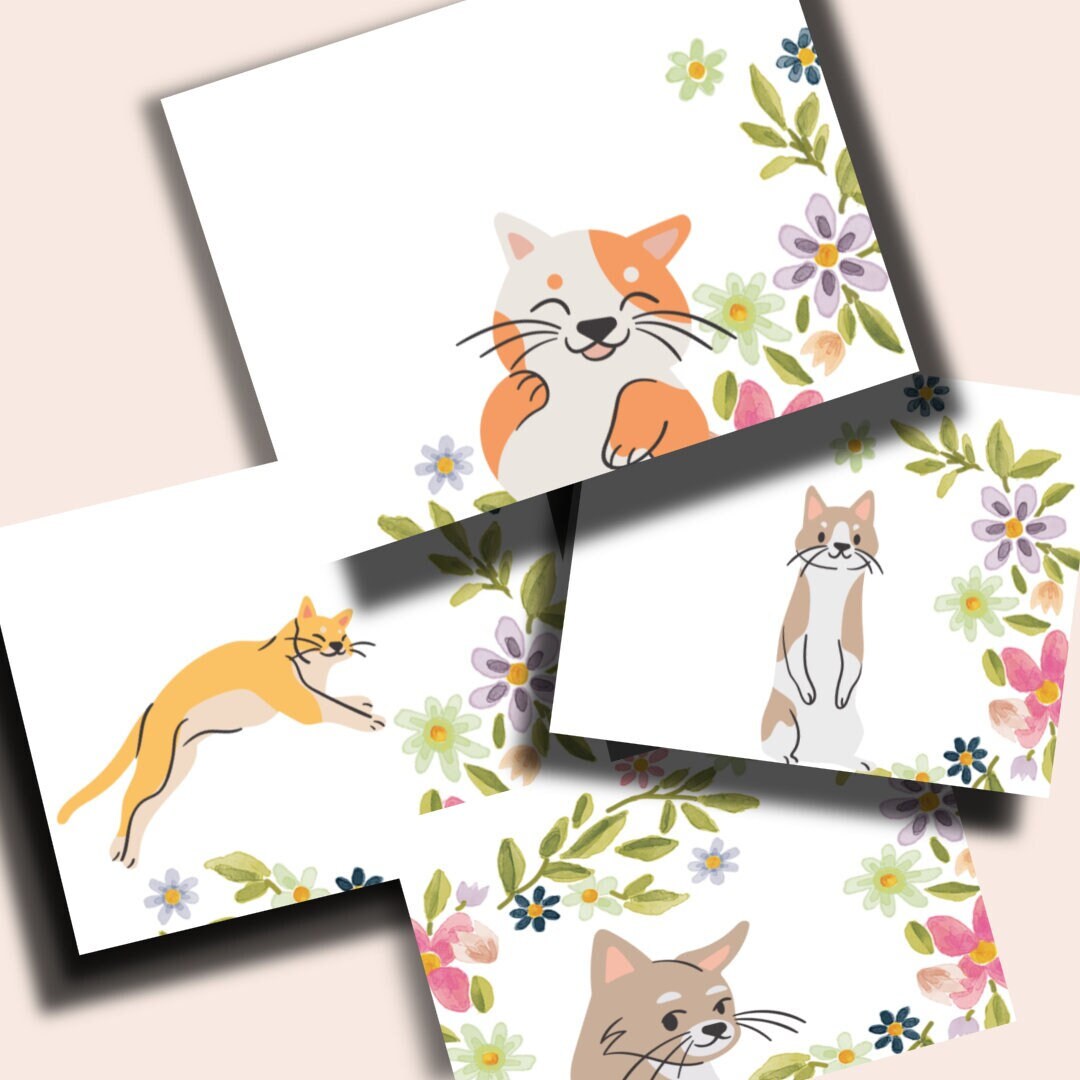 Floral Cat Blank Note Card Set, A2 Cards With Envelopes - Etsy