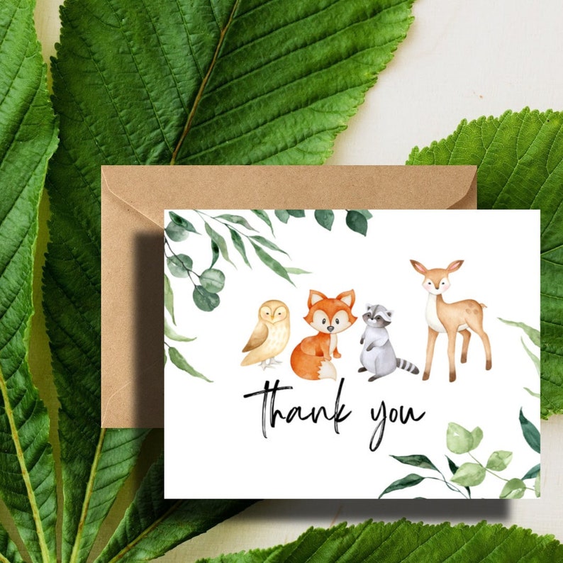 Woodland Animals Thank You Cards Greenery Baby Shower Thank You Cards ...