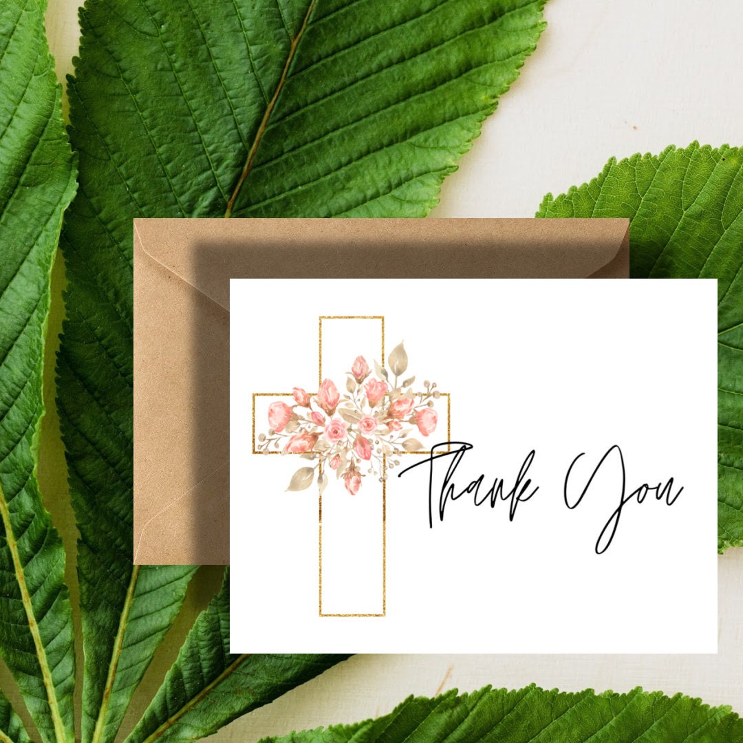 Christian Cross Floral Thank You Card Set With Envelopes for Baptism ...