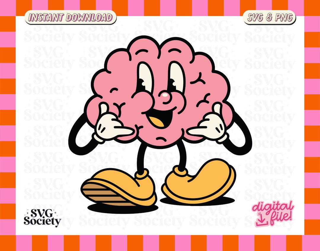Cute and Cool Brain Retro Cartoon Character SVG PNG Mental Health ...