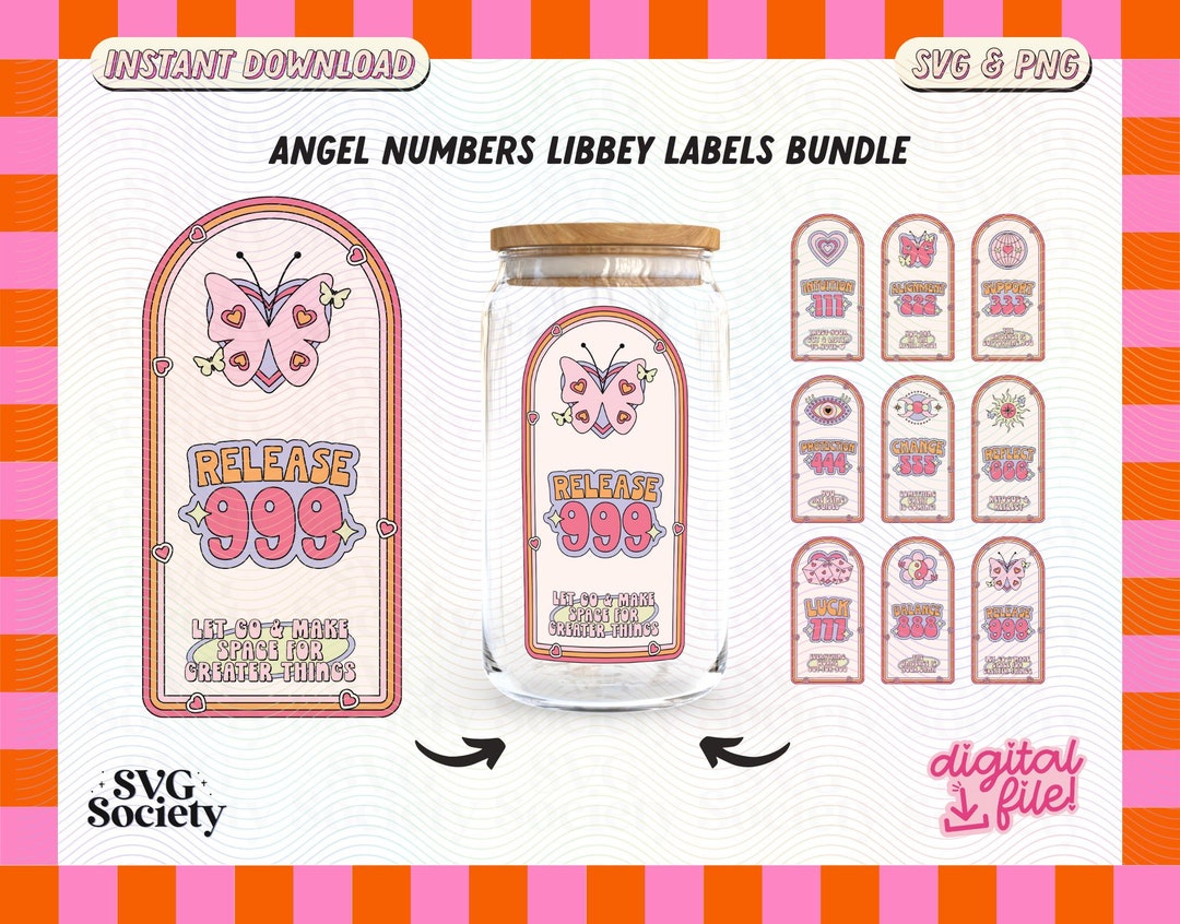 Angel Numbers Libbey Labels Bundle, SVG and PNG File, Cute Groovy ...
